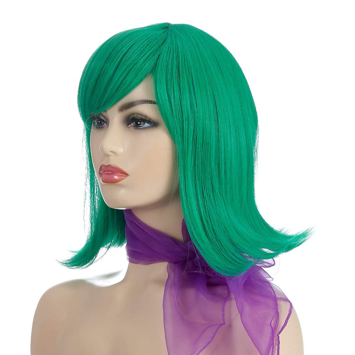 MORTICIA Short Straight Fillp out Green Bob holiday and vacations Costume Cosplay Wig with Purple Scarf