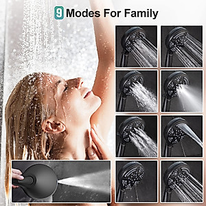SR SUN RISE Shower Head - 9 Settings High Pressure Detachable Power Wash Handheld Showerhead, Spray Hand Showers with Extra Long Hose and 360° Adjustable Wall & Overhead Brackets (Matte Black)