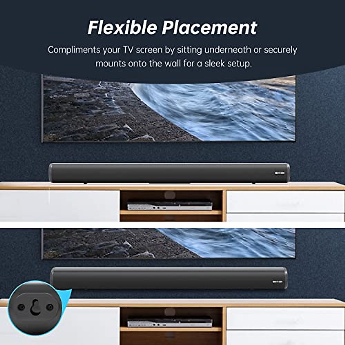 BESTISAN Sound Bar, 80 watts 33.5 inch Sound Bars for TV with Bluetooth 5.0, 3 Equalizer Modes Audio, Bass Adjustable, HDMI/Optical/Coaxial/Aux/USB Connection for Home Theater, Gaming, PC, Projectors