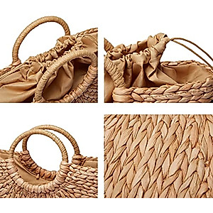 Womens Large Straw Bags Beach Tote Bag Hobo Summer Handwoven Bags Purse With Pom Poms (C-Khaki)