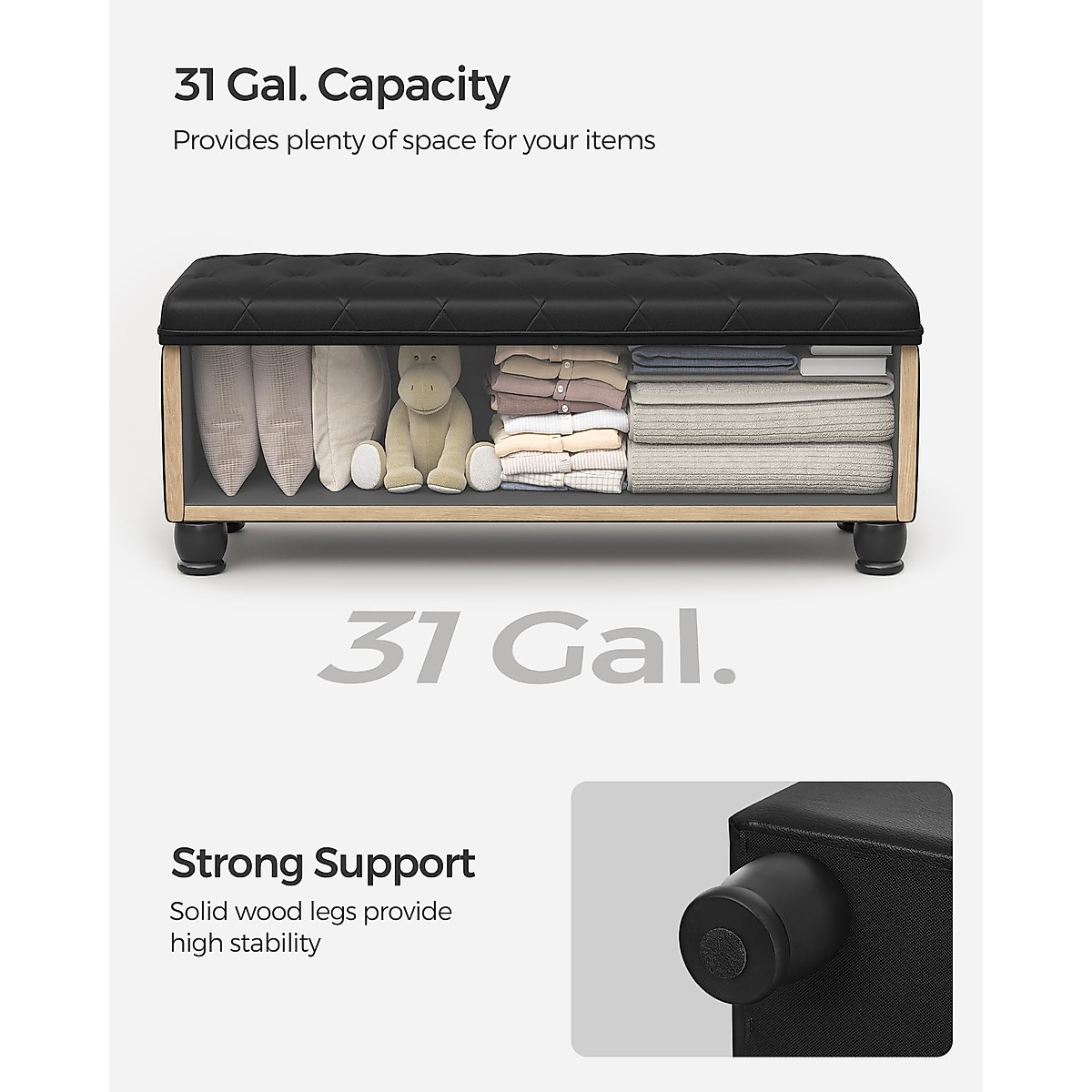 SONGMICS Storage Ottoman, Storage Bench, Tufted Entryway Bedroom Bench, 17.7 x 46.5 x 17.7 Inches, Hinges Easy Lid Operation, Wooden Legs, Synthetic Leather, Loads 330 lb, Classic Black ULOM071B01