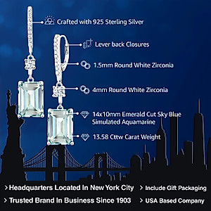 Gem Stone King 13.58 Cttw Sky Blue Simulated Aquamarine Drop Dangle Earrings For Women In 925 Sterling Silver | Emerald Cut 14X10MM