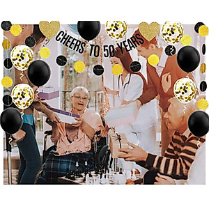 50th Birthday Anniversary Wedding Banner Funny Birthday Banner Glitter Cheers to 50 Years Birthday Party Decoration Supplies Hanging Garland Kit 10 Balloons Bunting 50 Bday Backdrop Adult Black Gold