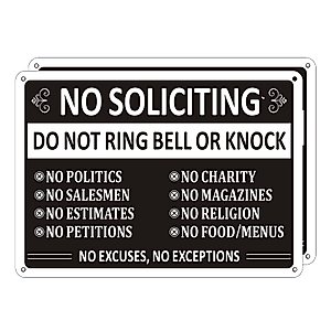 No Soliciting Sign for House (2 Pack), Metal Do Not Ring Bell Sign, Aluminum No Soliciting Signs for Home, No Solicitation Sign for Door, No Salesmen Sign, No Solicitors Sign, Weather Proof, Rust Free (10" x 7")