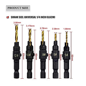 Countersink Drill Bit Set for Wood Working, 5 PCS Titanium Coated Countersink Bits 1/4-inch Hex Shank Wood Drill Bit Set, Quick Change Counter Sinker Drill Bit for Wood Carpentry Trim Tools
