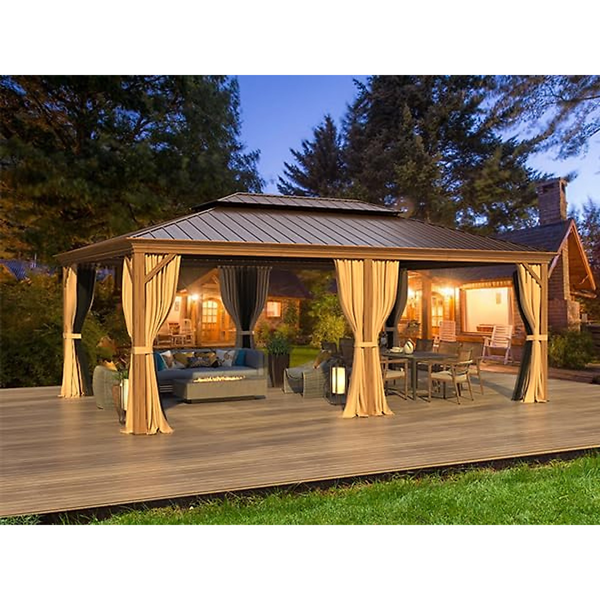 EROMMY 14' x 20' Hardtop Gazebo, Wooden Finish Coated Aluminum Frame Gazebo with Galvanized Steel Double Roof, Brown Metal Gazebo with Curtains and Nettings for Patios, Gardens, Lawns