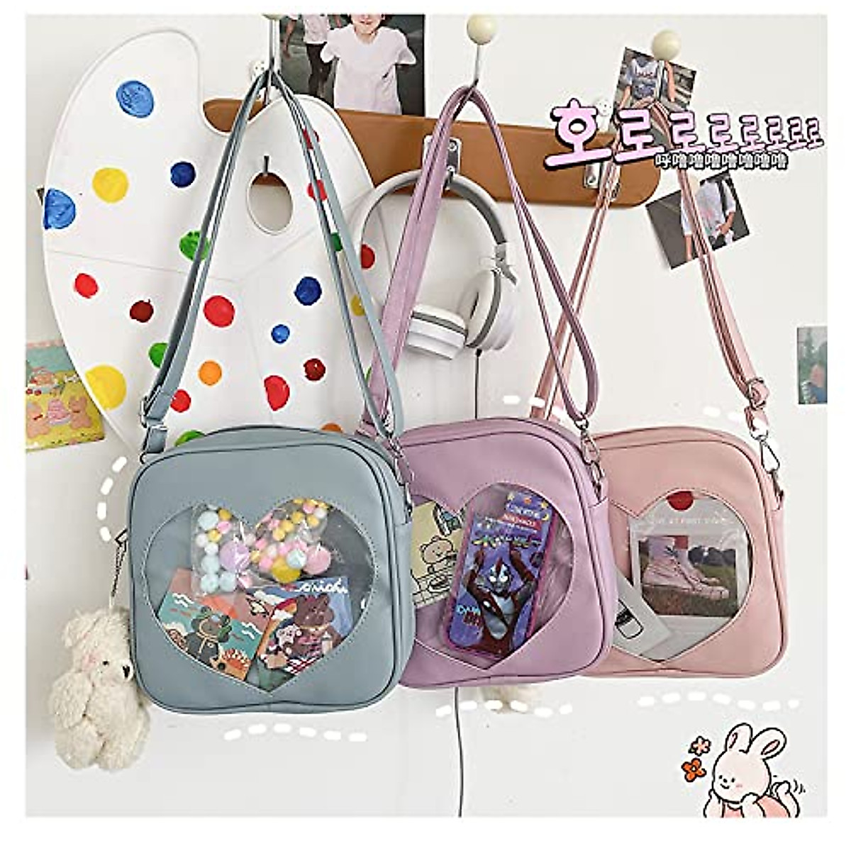 Hipi-shop Ita bag Heart-shaped Clear PU Crossbody bag shoulder bag for Anime Lolita Bag DIY Cosplay Display Anime badges and doll (Black)