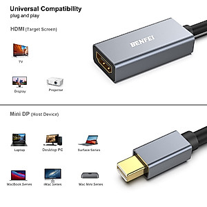 BENFEI Mini DisplayPort to HDMI Adapter, Thunderbolt 2 to HDMI Adapter Compatible for MacBook Air/Pro, Microsoft Surface Pro/Dock, Monitor, Projector[Gold-Plated Connectors& Aluminium Shell]