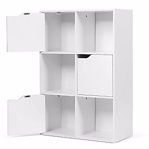 Giantex 6-Cube Storage Organizer, Storage Cabinet with 3 Open Cubes and 3 Cabinets, Free Standing Wooden Cubby Bookcase, Compartment Units for Home Office, 3-Tier Bookshelf for Books, Toys (White)