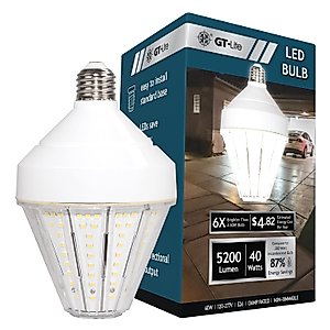 GT-Lite 5200 Lumen LED Corn Cob Light Bulb, 40-watt, 300-watt Equivalent, Daylight 5000K Light Color, E26 Base, Energy Saving LED Light for Indoor Outdoor Garage Workshop Warehouse Home Use. 1-Pack