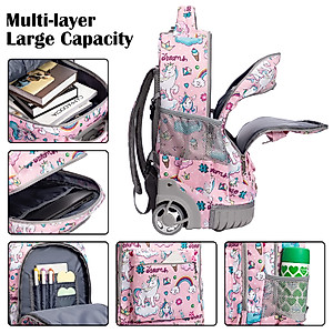 BAMIFEI 18 inches Wheeled Rolling Backpack Multi-Compartment College Books Laptop Bag Business Trip Carry-on, Unicorn