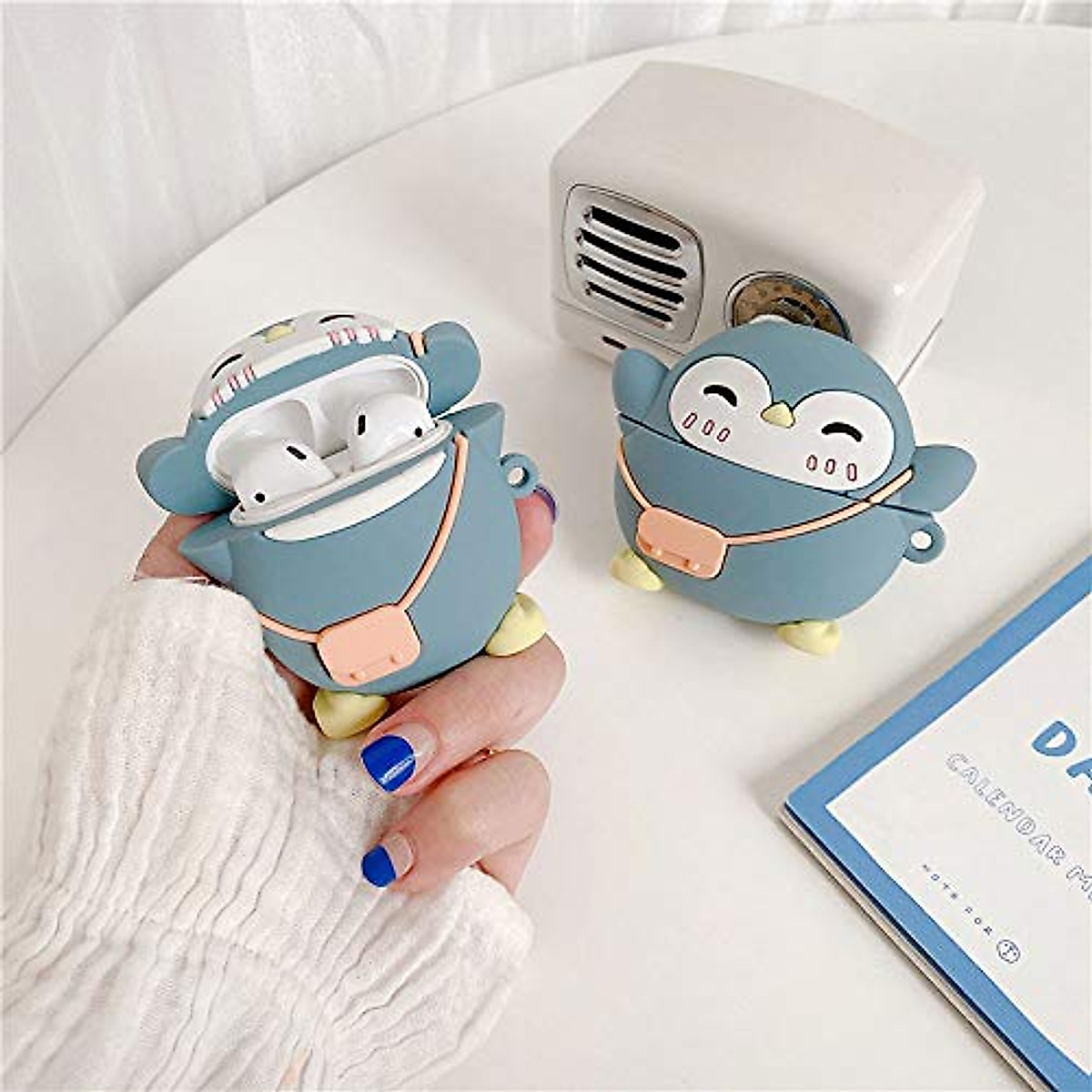 ICI-Rencontrer Compatible with Earbuds Case Airpods Pro, Cute Bag Penguin Design Kids Girls Women Fun Cartoon Animal Wireless Charging Earphone Soft Silicone Shockproof Protector Hook Gray Blue