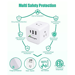 Alitayee USB C Multi Plug Outlet Extender,USB Outlet Splitter, Cube Multi Plug Adapter with 3 Outlets and 3 USB 15.5W Fast Charging, No Surge Protector for Cruise Travel Home Office ETL Listed White