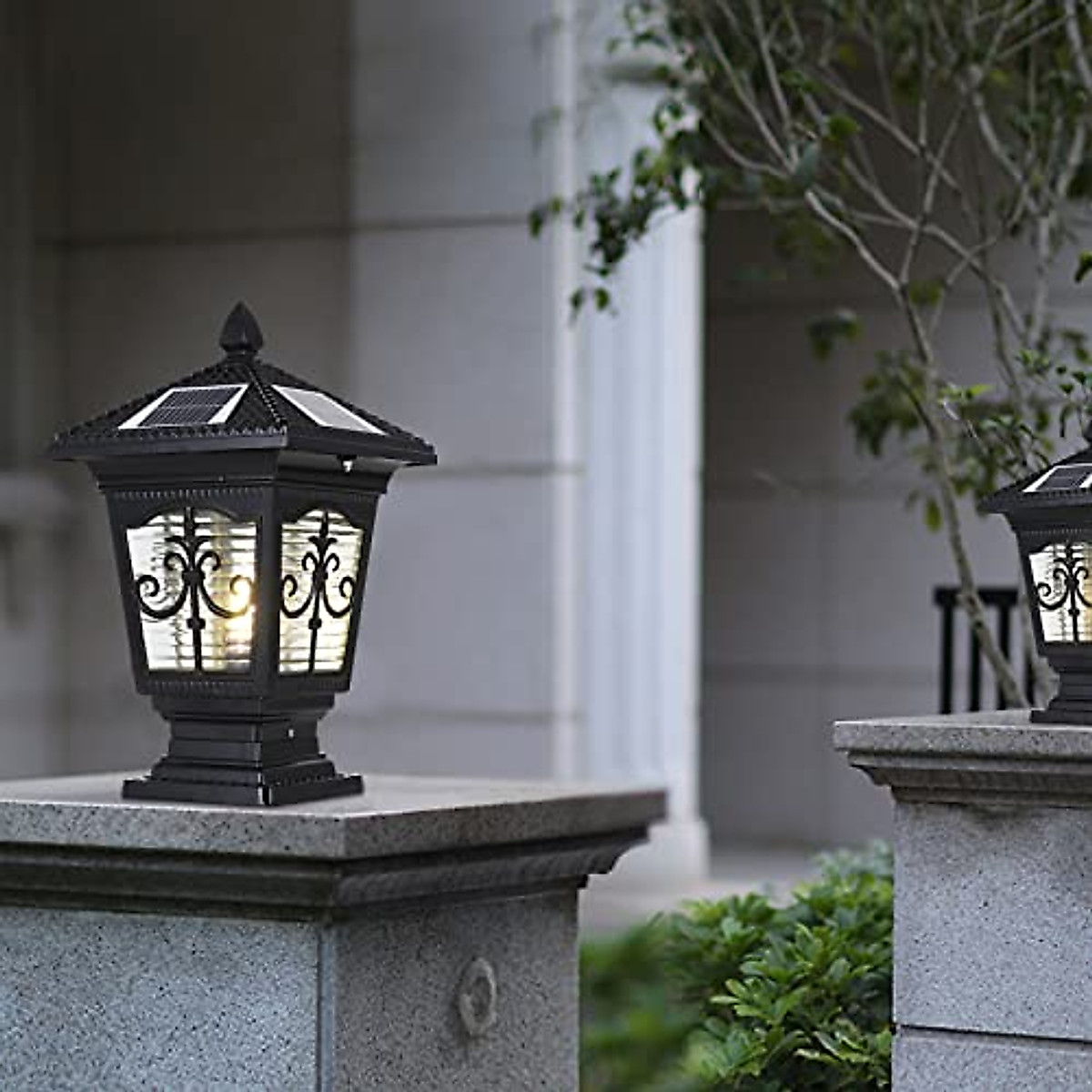 PTOUG LED Solar Post Cap Lamp, IP65 Waterproof Post Light Outdoor Remote Control Dimmable Pillar Lights Aluminum Outdoor Column Light, 17.3" X 9.8" Pillar Pedestal Lantern for Garden Fence
