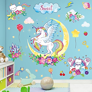 LiveGallery 3D Rainbow Colorful Unicorn with Cute Cat Flowers Moon Clouds Wall Stickers Murals Rmovable DIY Peel and Stick Decor Decal for Kids Girls Nursery Bedroom Living Room Classroom Decoration
