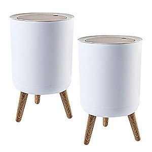 Nordic Style Trash Can (2-Pack) - Push Top with Lid - 14.3" x 8.7" White Top Spring Waste Basket - Scandinavian Modern Garbage Can - Round Trash Bin w/ Legs - Kitchen/Bathroom Trash Can I 1.8 Gallon