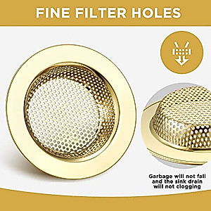 2 Pcs Sink Strainer Stainless Steel Sink Drain Basket Cover Mesh Metal Food Catcher Kitchen Sink Accessories for Hair Garbage, Large Wide Rim of 4.4 Diameter (Gold,2mm Dia Hole Style)