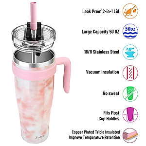Zukro 50 oz Tumbler With Handle and Straw, Large Leak Proof Vacuum Insulated Double Wall Stainless Steel Cup with 2-in-1 Screw Lid, No Sweat, Travel Mug Fit in Cup Holder, Keeps Drinks Cold 30 Hours