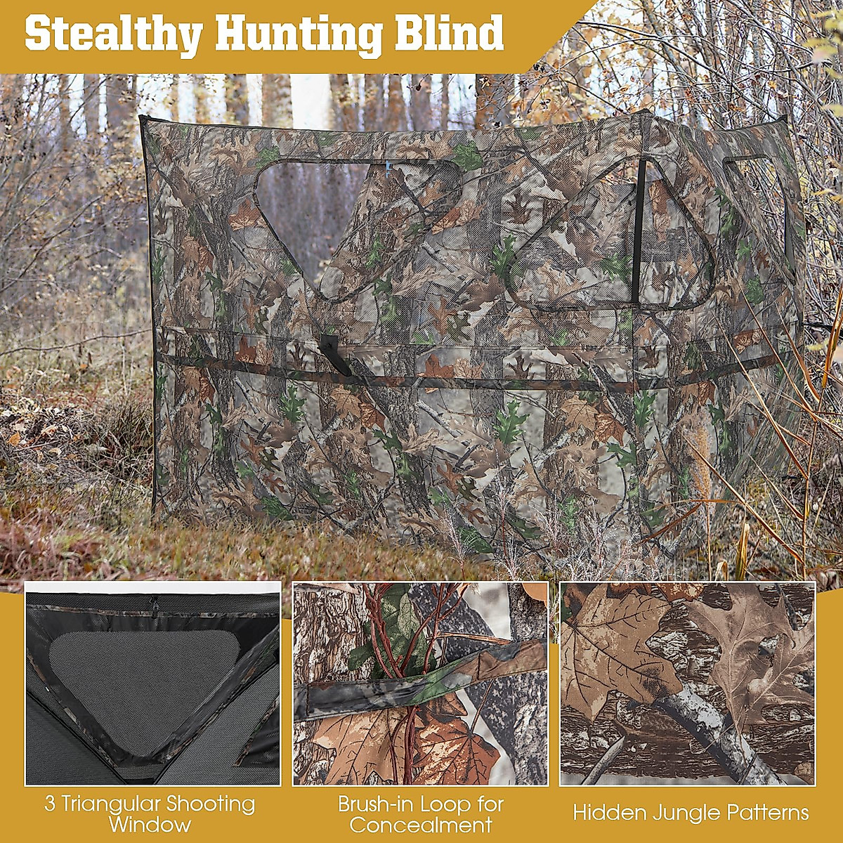 Tangkula 2-Panel Stakeout Hunting Blind, See Through Ground Blind with 3 Shoot Through Ports & 2 Storage Pockets, Portable Pop Up Deer Blind with Carrying Bag for Turkey & Deer Hunting (2-Panel)