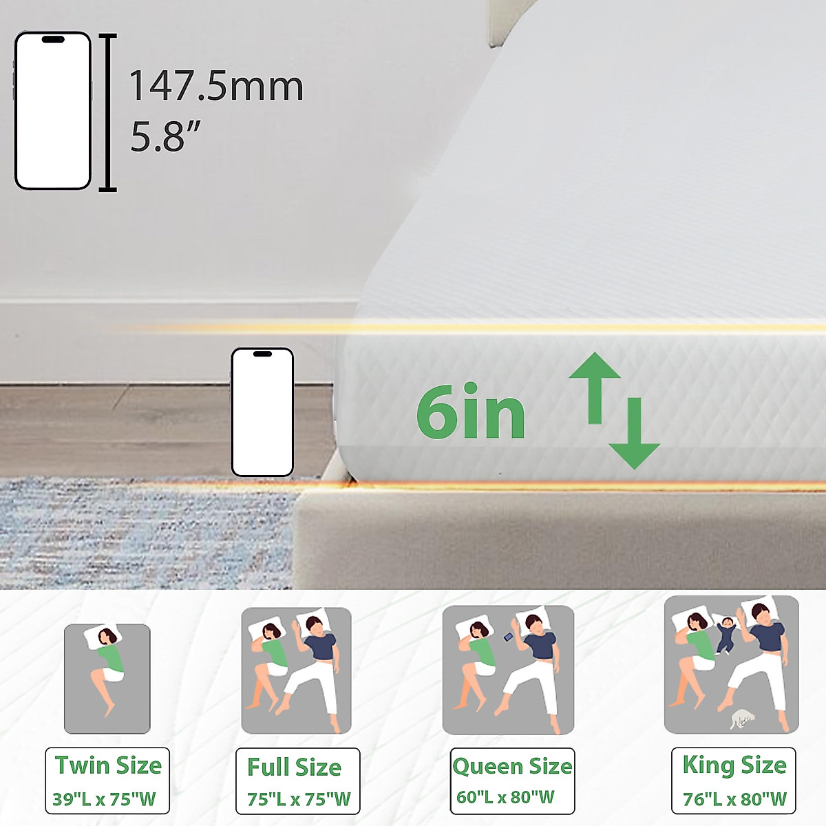 Haiput Wam Queen Mattress in a Box 12 Inch, Green Tea Mattress Certipur US Certified, Cool Gel Memory Foam Mattress Queen for Sleep and Pressure Relief