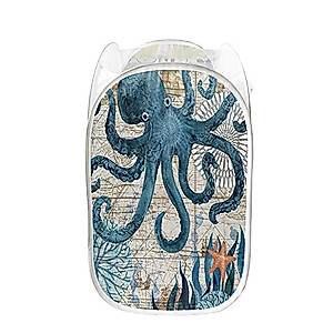 Frestree Pop Up Laundry Hamper for Bedroom Livingroom Bathroom Kids Adults Clothes Big Storage Basket Ocean Octopus Print Foldable Home Decor