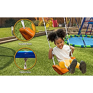 Fitness Reality Kids 6 Station Sports Metal Swing Set for Backyard with Slide Seesaw, Saucer Swing, Basketball Hoop, and Soccer Rebounder (8413)