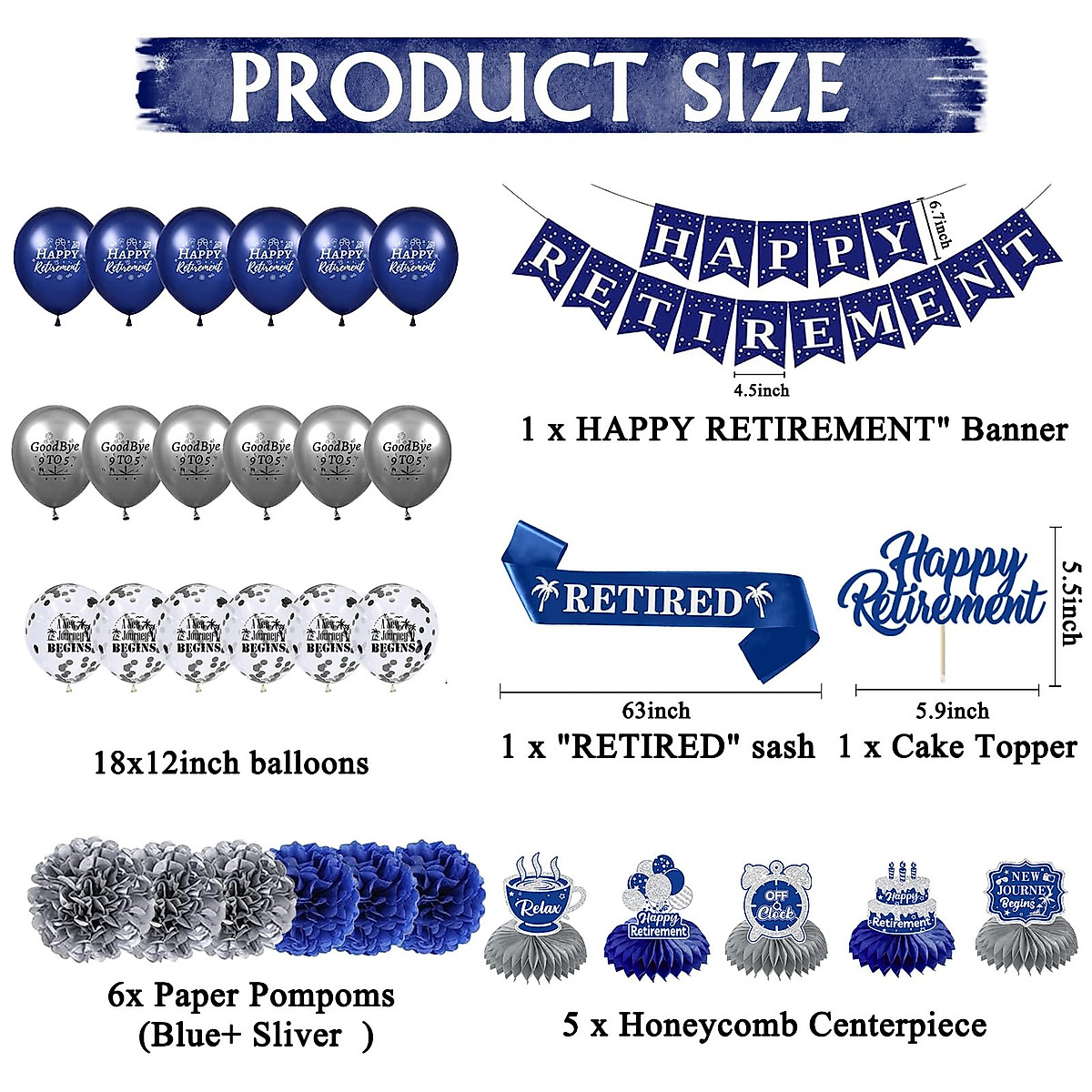 Roetyce Retirement Party Decorations for Men Women, 32PCS Blue Silver Happy Retirement Banner Balloons Honeycomb Cake Topper Pompoms Kit, Blue Retired Sash for Coworker, Office Retirement Supplies