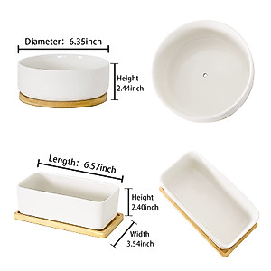 Fengson Succulent Pots, White Ceramic Flower Succulent Planters Pot with Bamboo Tray, 1 Rectangle Flower Pot + 1 Round Flower Pot 6.5" Drainage Hole for Cactus Herb Home