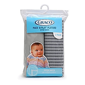 Graco® Pack ‘n Play® Playard Fitted Sheets, 2 Pack, Stripes and Grey