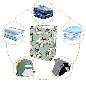 Inhomer Mustard Green Dog Pug Large Laundry Hamper Waterproof Collapsible Clothes Hamper Basket for Clothing Toy Organizer, Home Decor for Bedroom Bathroom