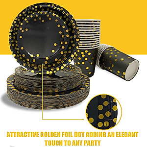 New Years Eve Party Supplies 2025 Christmas Decorations Party Plates Napkins Set Black and Gold Party Supplies 350 Pcs Disposable Paper Plates Napkins Gold Fork Knives Spoon, Serves 50