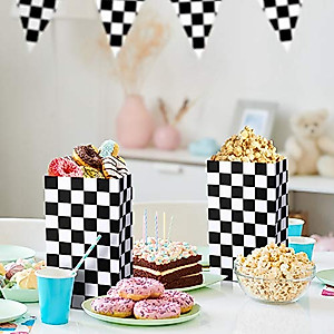 28 Pack Checkered Racing Treat Bags, Black and White Race Car Favor Bags, Kraft Paper Popcorn Boxes Goodie Bags Candy Bags for Monster Truck Cars Birthday Party Decorations