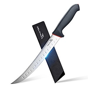 DELFINA Curved Breaking Knife 10 inch W/Sheath & SoftGrip Handle, Butcher Breaking Knife For Meat Cutting, High Carbon Japanese Steel