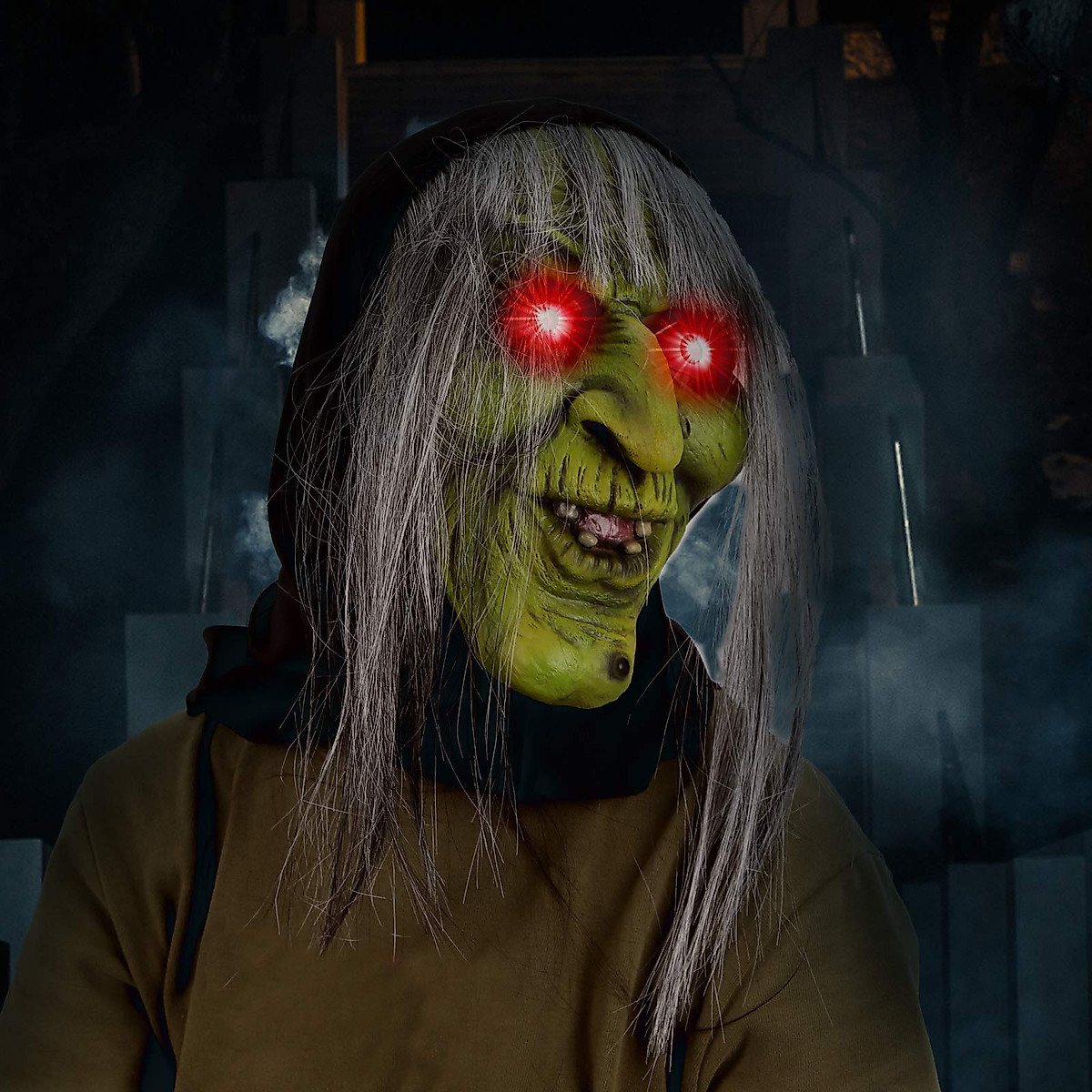 MOLEZU Halloween Witch Mask Scary Evil Costume Head Masks Creepy Adult Party Cosplay Props (LED-Green)