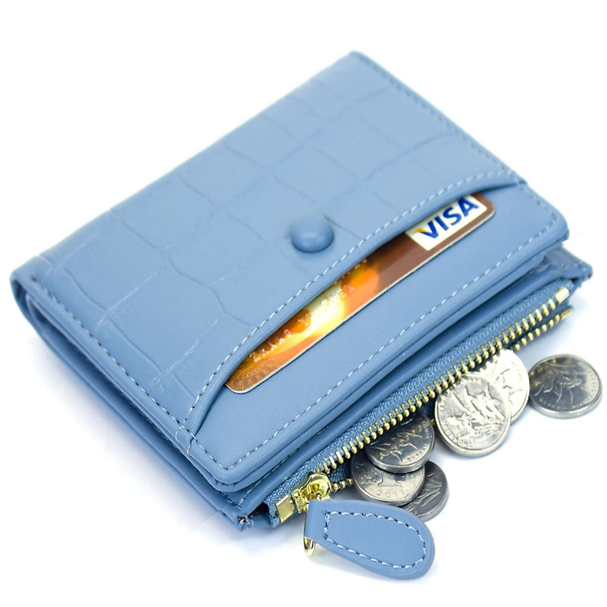 SUMGOGO Wallets for Women Small Coin Purse Card Holder Pocket Wallet Crocodile Leather Mini Slim Bifold Wallets (Blue)