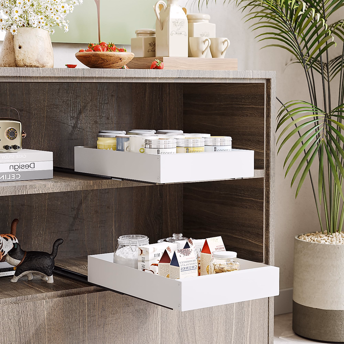 NETEL 2 Packs Pull Out Cabinet Organizer Fixed With Adhesive Nano Film, Heavy Duty Slide Out Pantry Drawers for Kitchen Cabinets, Living Room, Bathroom, 16.5" (L) x 9.8"(W) x 2.36"(H), White