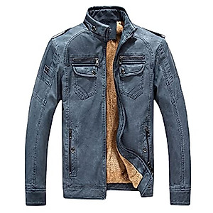 CHARTOU Men Retro PU Faux Leather Bomber Jacket Stand Collar Fleece Lined Motorcycle Jacket Zip Up (Medium,Blue)