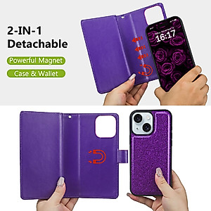 Varikke for iPhone 13 Wallet Case Detachable with Card Holder for Women, Fashion Glitter PU Leather Wrist Strap Strong Magnetic Flip Wallet Removable Phone Case Cover for iPhone 13 6.1", Dark Purple