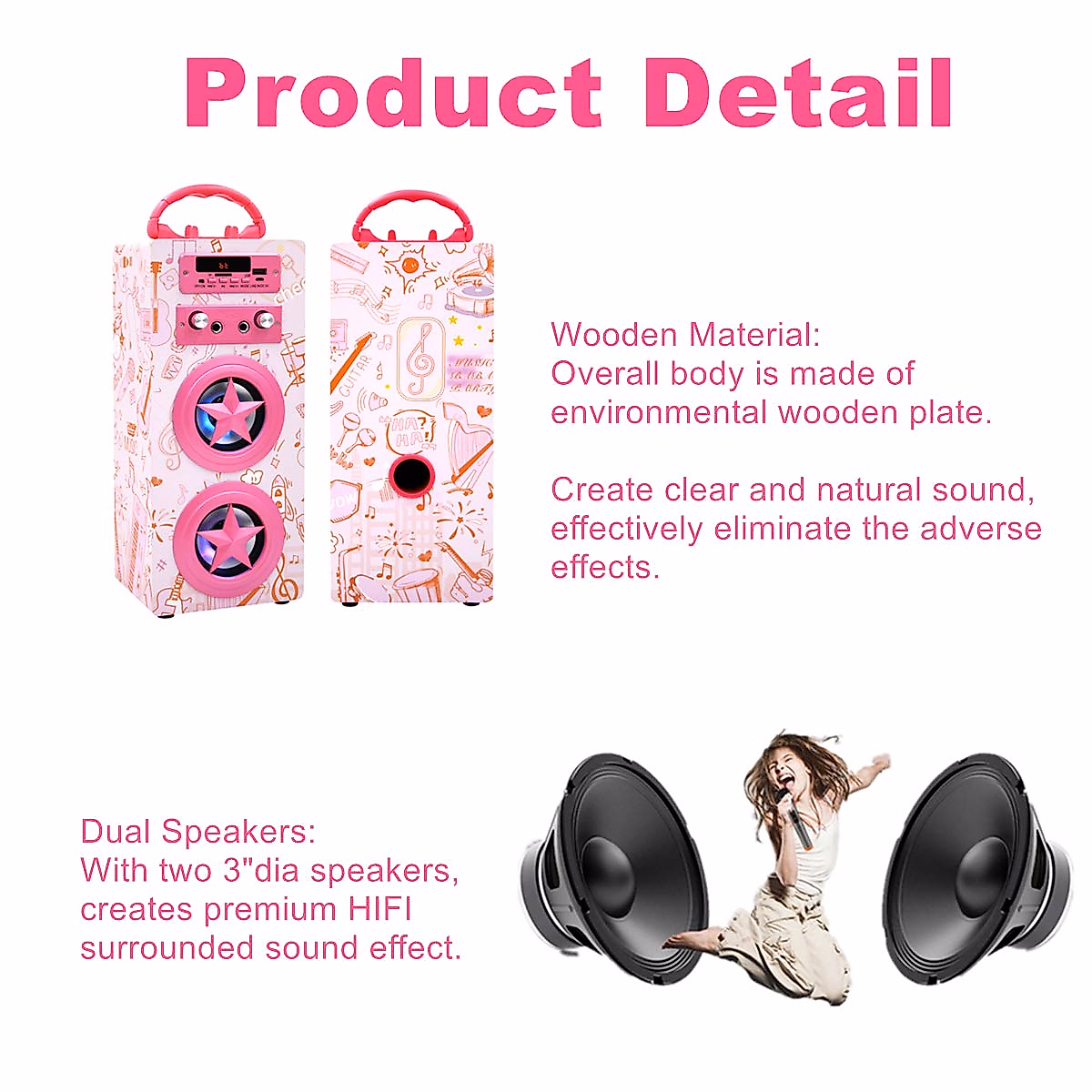 Kidsonor Kids Bluetooth Karaoke Machine with 2 Microphones, Wireless Remote Control Portable Karaoke Music MP3 Player Loudspeaker with Microphones for Kids Adults Home Party (Pink)