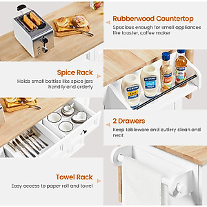 Yaheetech 52"W Kitchen Island with Drop-Leaf Breakfast Bar and 2 Pull-outs, Kitchen Cart on Lockable Wheels with Rubberwood Top & 2 Drawers & Adjustable Shelves, Storage Cabinet for Dining Room, White