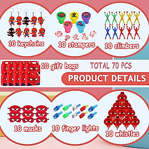 Andzerolief Spider Birthday Party Favors Supplies- (70 Pcs) Keychains, Stamps, Blower Whistles, Masks, Goodie Bags, Sticker Wall Climbers for Classroom Rewards Carnival Christmas Prizes Gifts for Kids Boys Girls - Serve 10 Guests