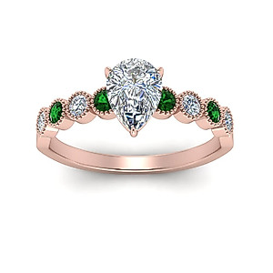 Jewelryonclick Antique Bezel Set Diamond Engagement Ring rose gold plated Created Emerald Pear shape Green color Vintage Engagement Rings bezel Setting in Size 10 Fashion Jewelry