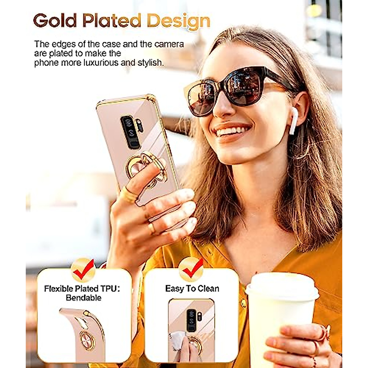 LeYi for Samsung Galaxy S9 Plus Case: 360° Rotatable Ring Holder Magnetic Kickstand [ Not Applicable Samsung S9 ], Plating Rose Gold Edge Protective Case, Pink