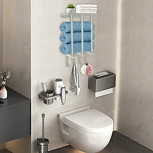 Bathroom Towel Rack with 4 Hooks - Wall Mount Towel Holder for Bathroom with Metal Shelf, Ideal Bathroom Storage Organizer and Decor（Grey）