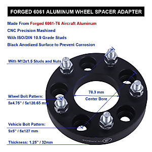 VLAOSCHI Black Forged 5x5 to 5x4.75 Wheel Adapters 1.25 Inch with 12x1.5 Studs Compatible with Chevy D-odge 5 Lug 5x127 to 5x120.65 for Caprice Impala Grand Caravan Journey Town Country - Pack of 4