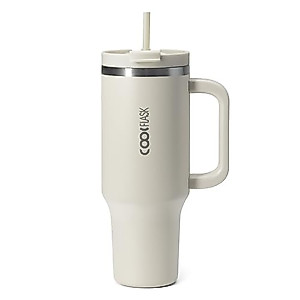Coolflask 40oz Tumbler with Handle, Insulated Water Tumbler with Lid and Straw, Coffee Tumbler Travel Mug Stainless Steel for Cup Holder, Keep Cold for 24H/Hot for 12H, Apricot