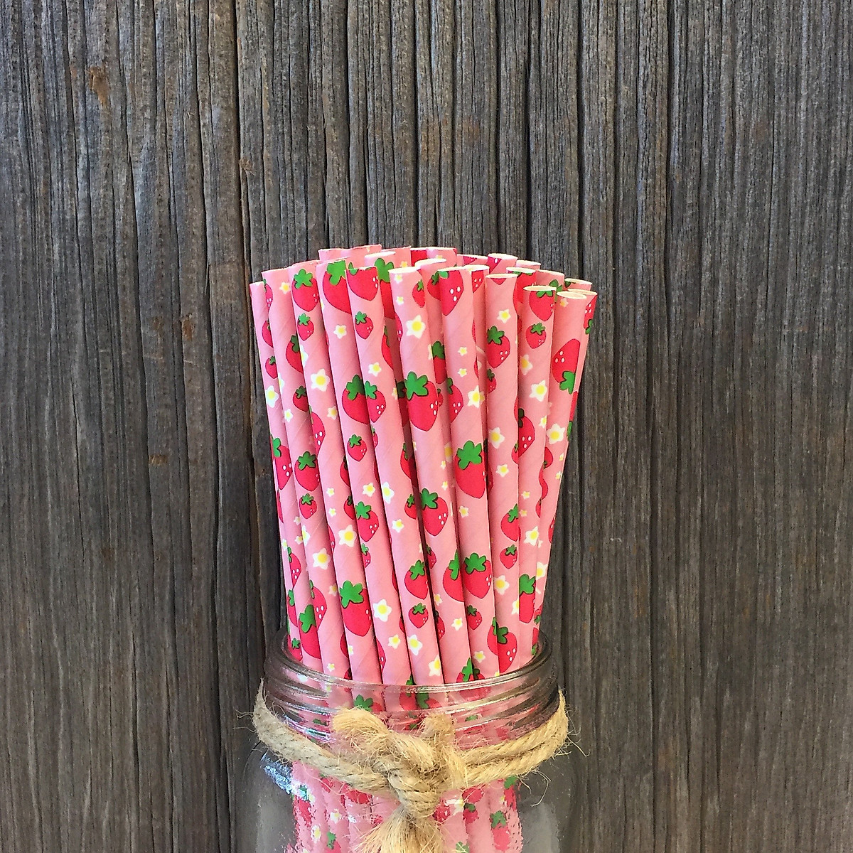 Strawberry Pattern Paper Straws - Valentine - Pink Red Green - 7.75 Inches - 100 Pack
