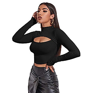 SheIn Women's Long Sleeve T Shirt Front Cut Out Basic Knit Mock Neck Crop Top Black Small