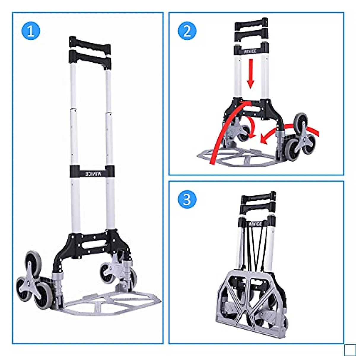 Stair Climbing Cart Portable Folding Hand Truck 165 lbs Weight Capacity Heavy-Duty Hand Cart Height Adjustable Aluminum Trolley with 6 Rubber Wheels & Bungee Cord Dolly for Moving, Luggage and Office