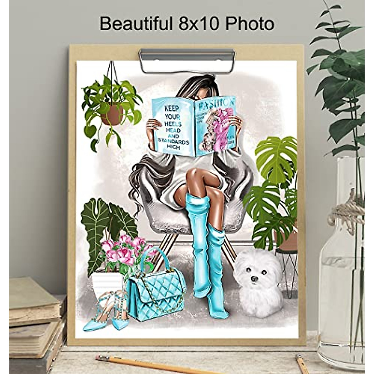 Glam Fashion Wall Art & Decor - Girls Bedroom Living Room Teens Room - Light Blue Designer Poster Picture - Housewarming Daughter Friend Gifts for Women - African American Woman - Black Afro Girl